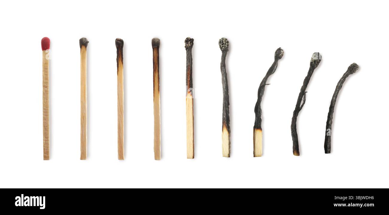 Matches on white background, collage with stages from whole to ...