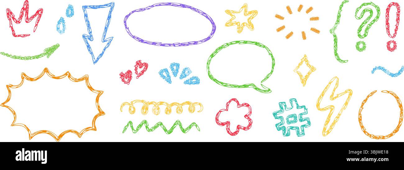 Crayon doodle element set. Hand drawn speech bubbles, star, cloud ...