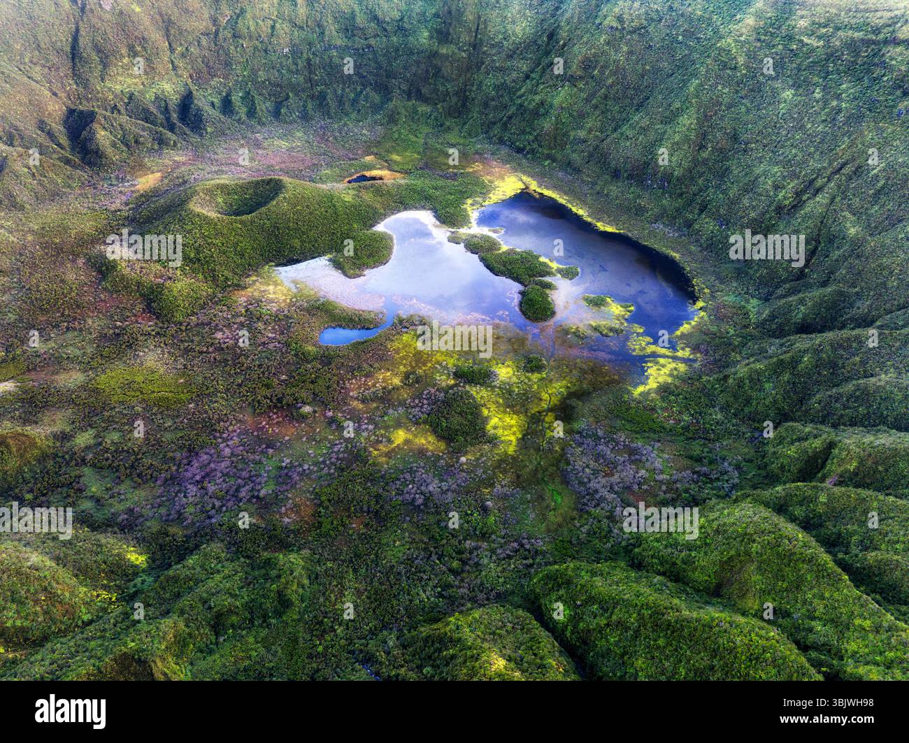 Azores, Faial island - Aerial view from drone to green volcano Caldeira ...