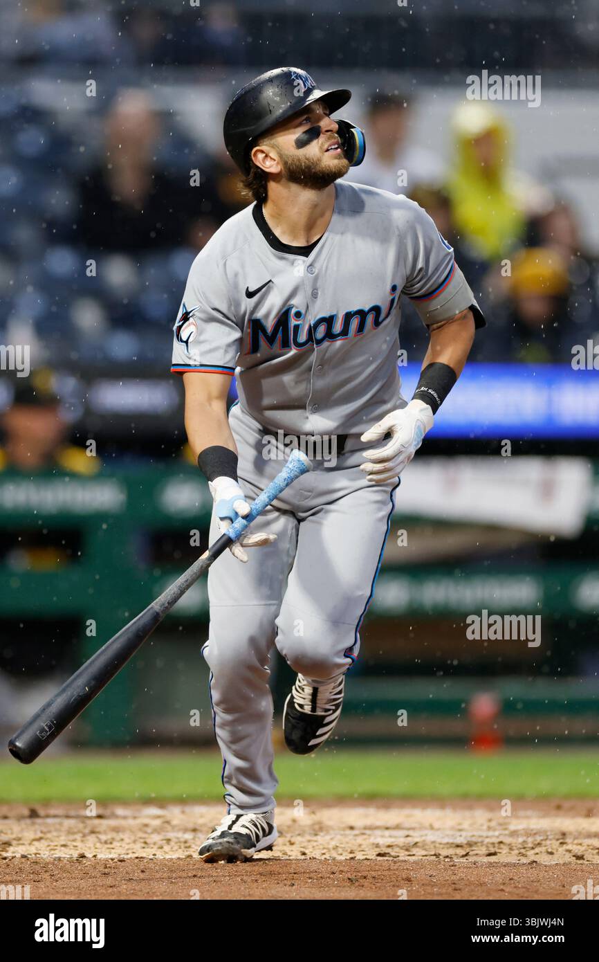 PITTSBURGH, PA - JUNE 09: Connor Norby #1 of the Miami Marlins bats ...