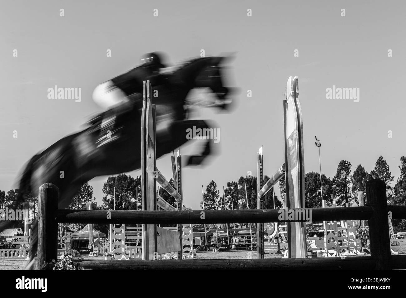 Horse Rider jumping equestrian gate fence in arena silhoutted ...