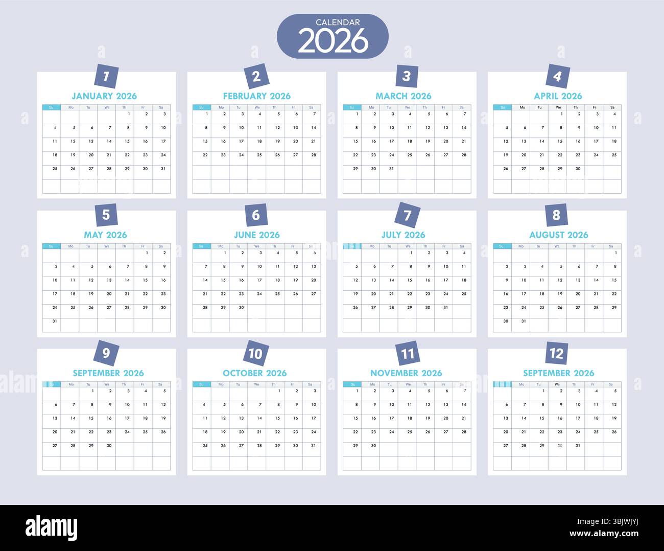 Year 2026 calendar template clipart set. Monthly calendar lay out for ...
