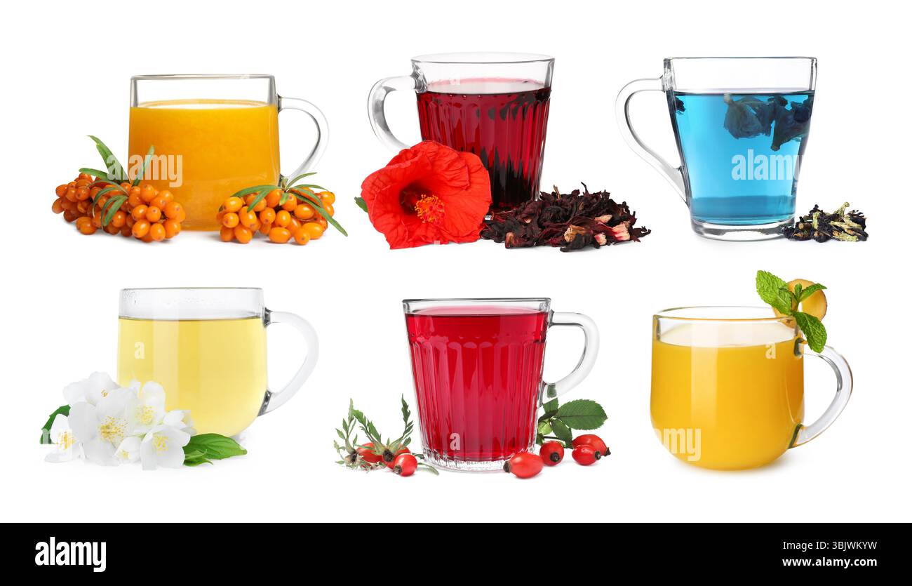 Different types of tea in glass cups isolated on white, set Stock Photo ...