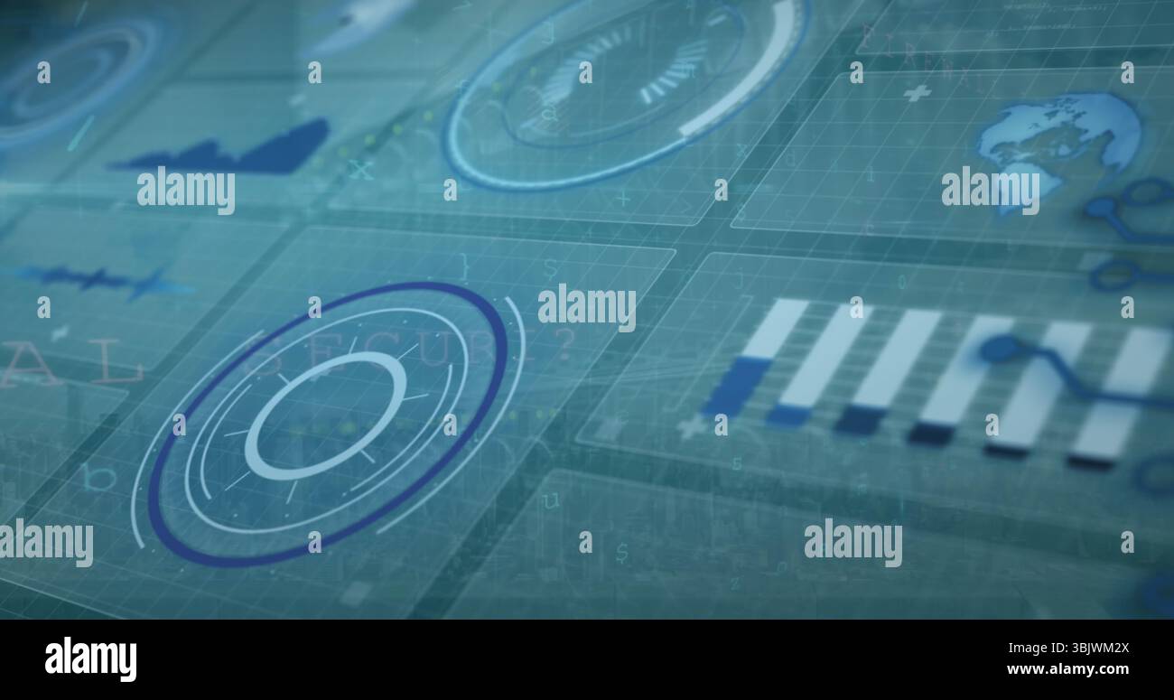 Central circular HUD ring floating over grid in data analytics console, with alphanumeric ...