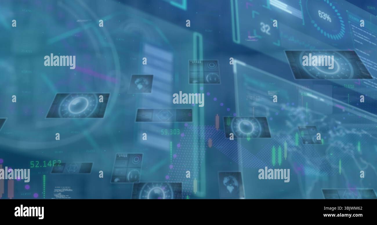 Translucent panels displaying charts, readouts and binary code in workspace, with world map ...