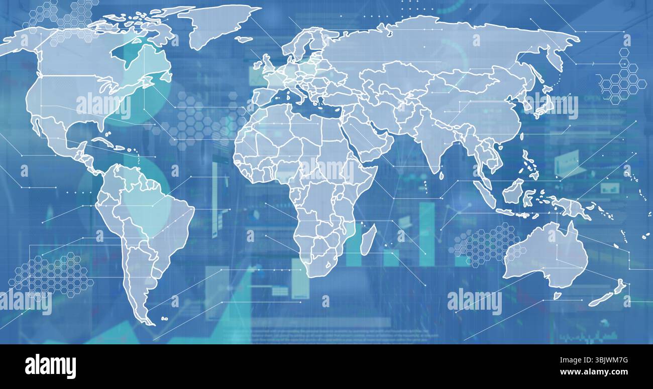 Displaying white world map over server rack interface showing hex grids, bar charts and data ...
