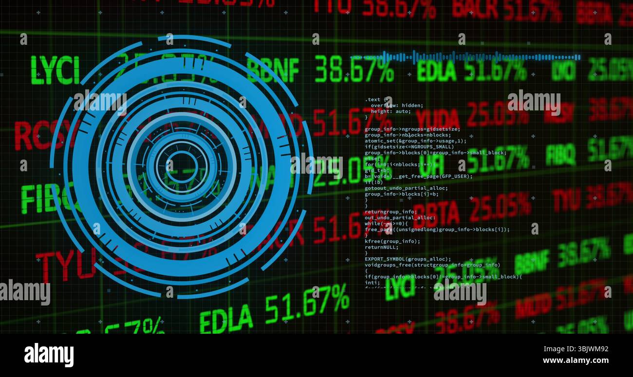 Displaying blue concentric HUD overlay floating over trading dashboard, with tickers and code ...