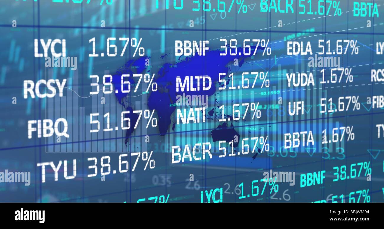 Market panel scrolling stock tickers in digital interface, with world ...