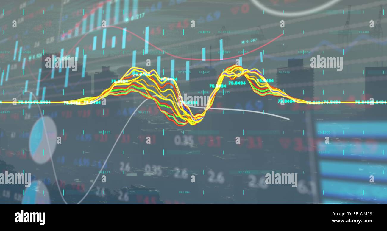 Multicolored line graph undulating across trading dashboard, with ...