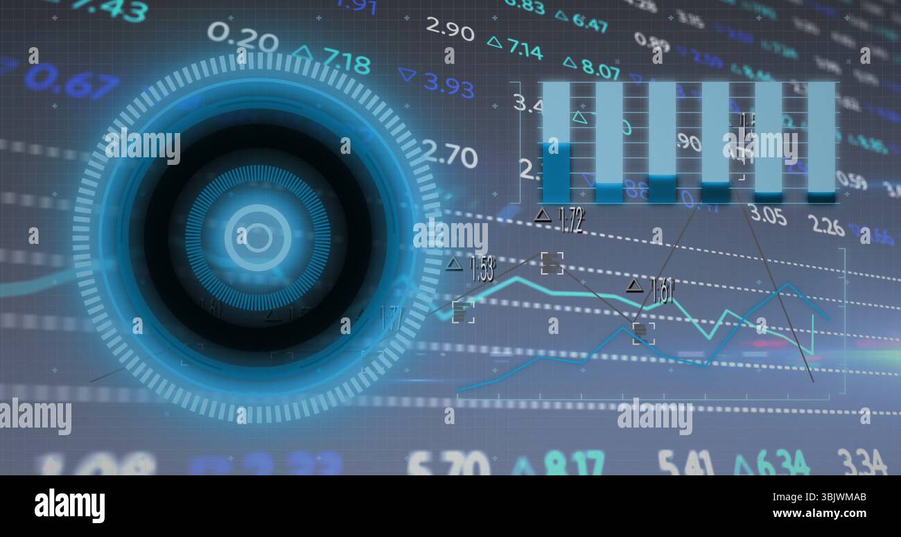 Rotating blue HUD gauge on grid with bar chart, graphs, numeric labels ...