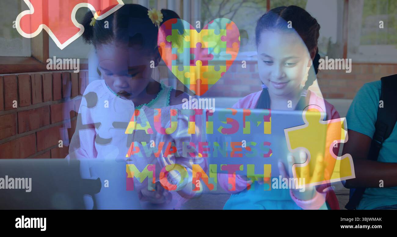 Sitting four children using laptops in school corridor, with backpacks and puzzle-piece graphics ...