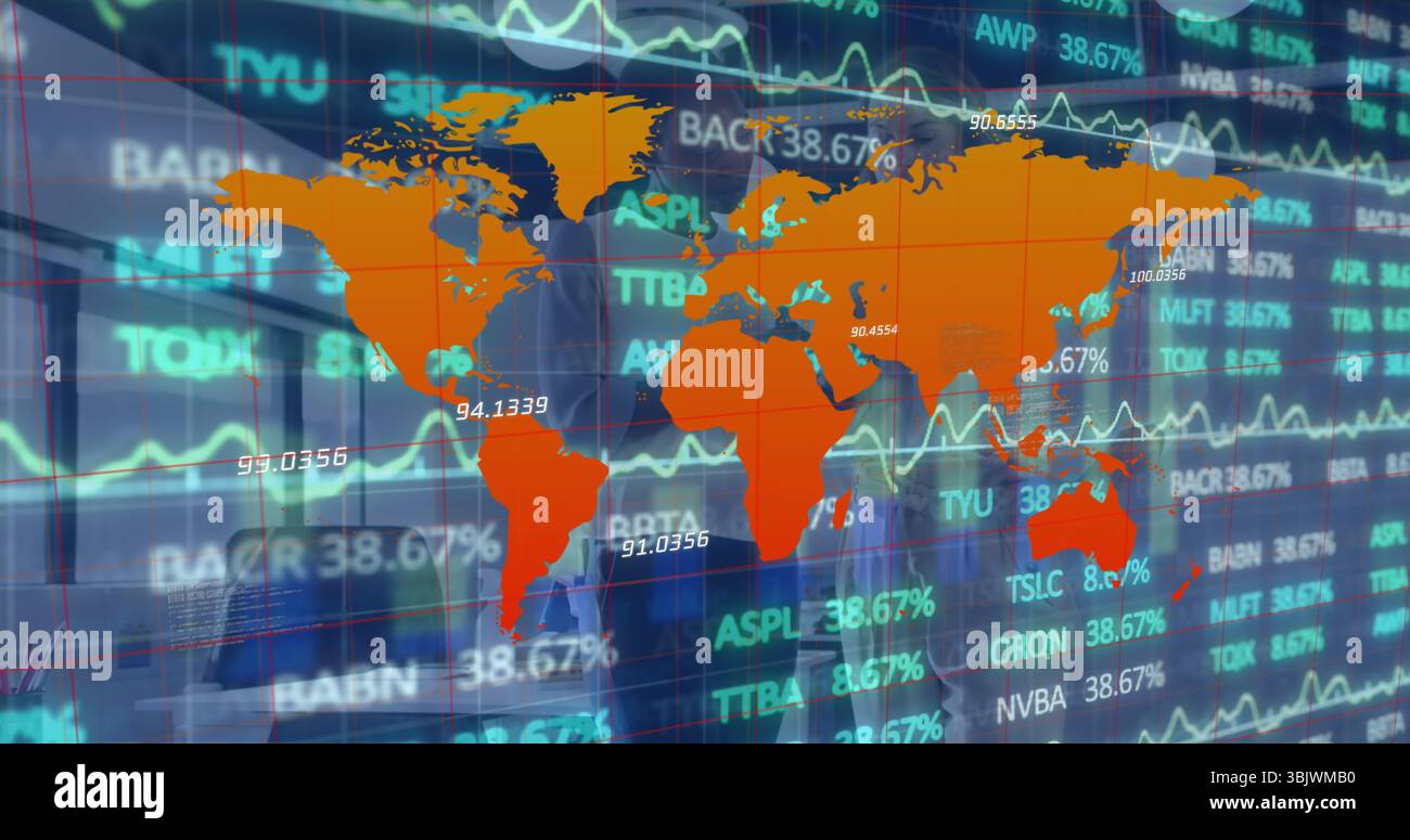 Displaying orange world map with red grid over scrolling stock tickers ...