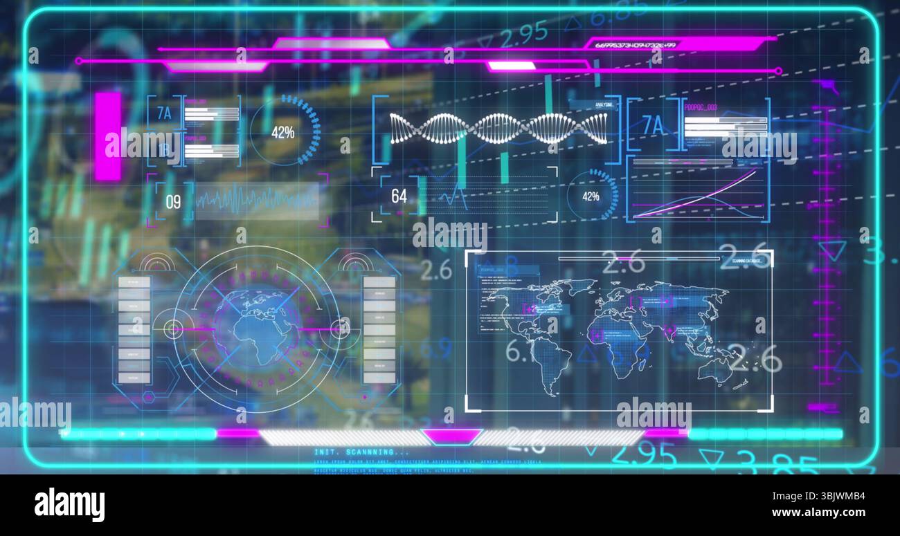 Displaying holographic interface showing data in data lab with world ...