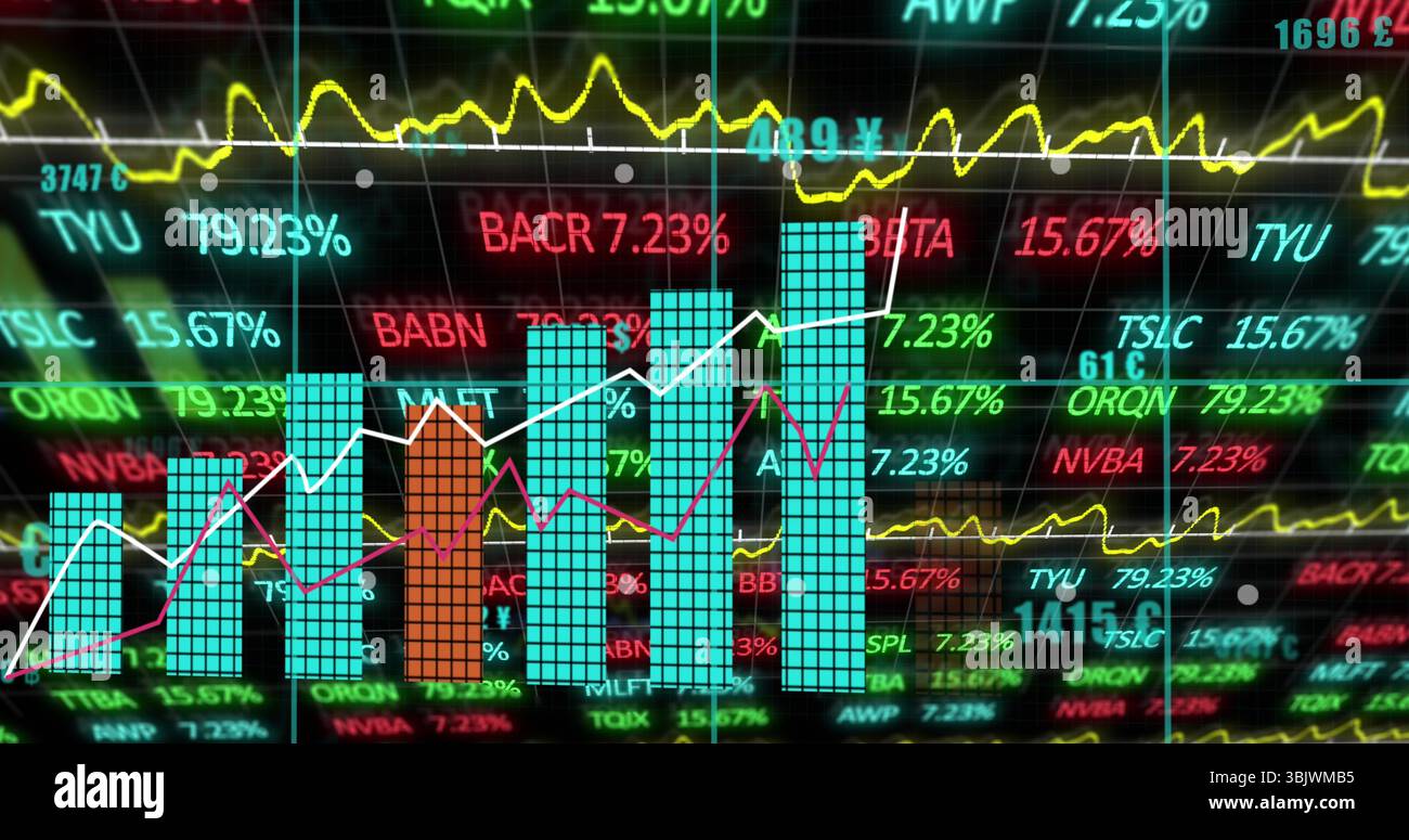 Central cyan bars overlaid with line graphs displaying stock on trading ...