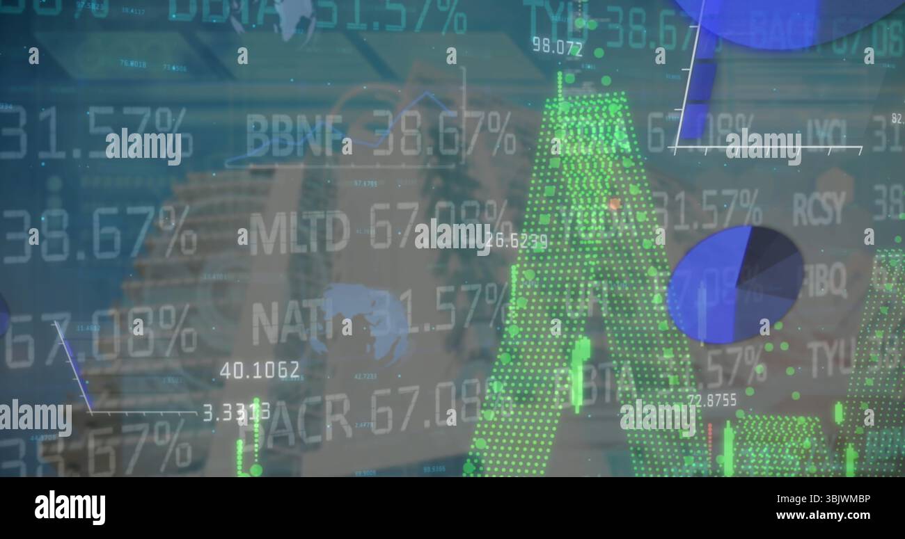 Displaying green dotted bar chart rising on financial interface with ...
