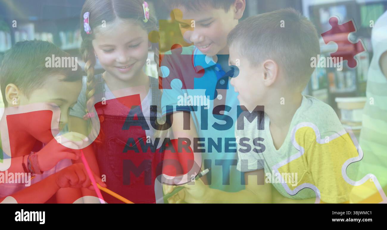 Collaborating classmates painting on paper at library table, with brush ...