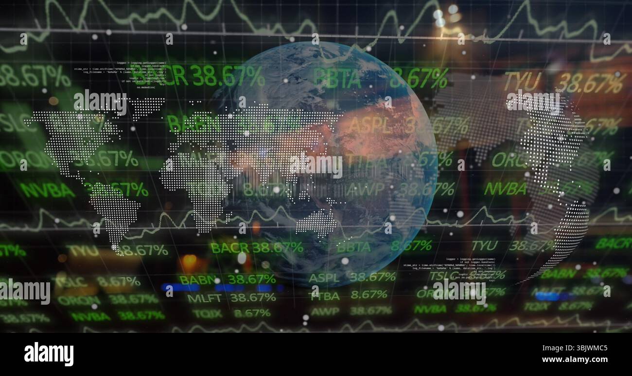 Earth globe rotating in financial display, with dotted world map, stock tickers and percent ...