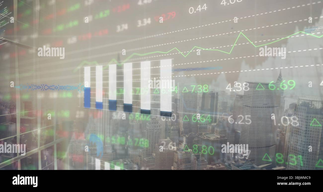 Showing stock data floating over towers in office window-grid, with bar chart, line graph ...