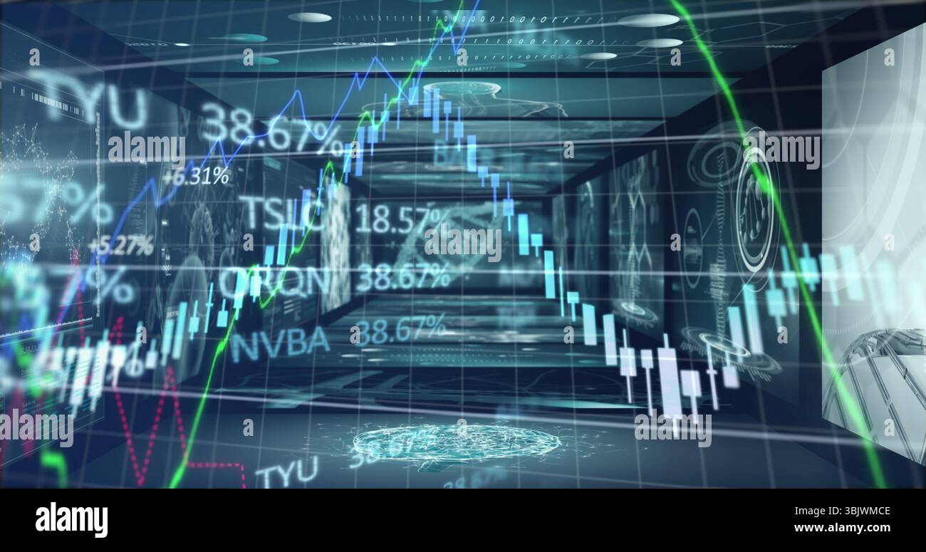Displaying holographic candlestick chart flowing through virtual tunnel ...