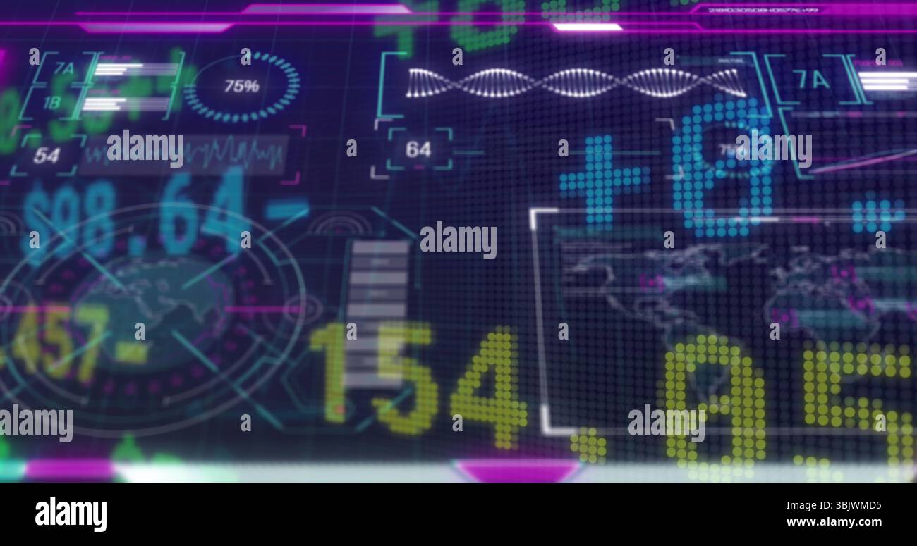 Projecting holographic data panels showing numeric readouts and world map overlay on grid ...