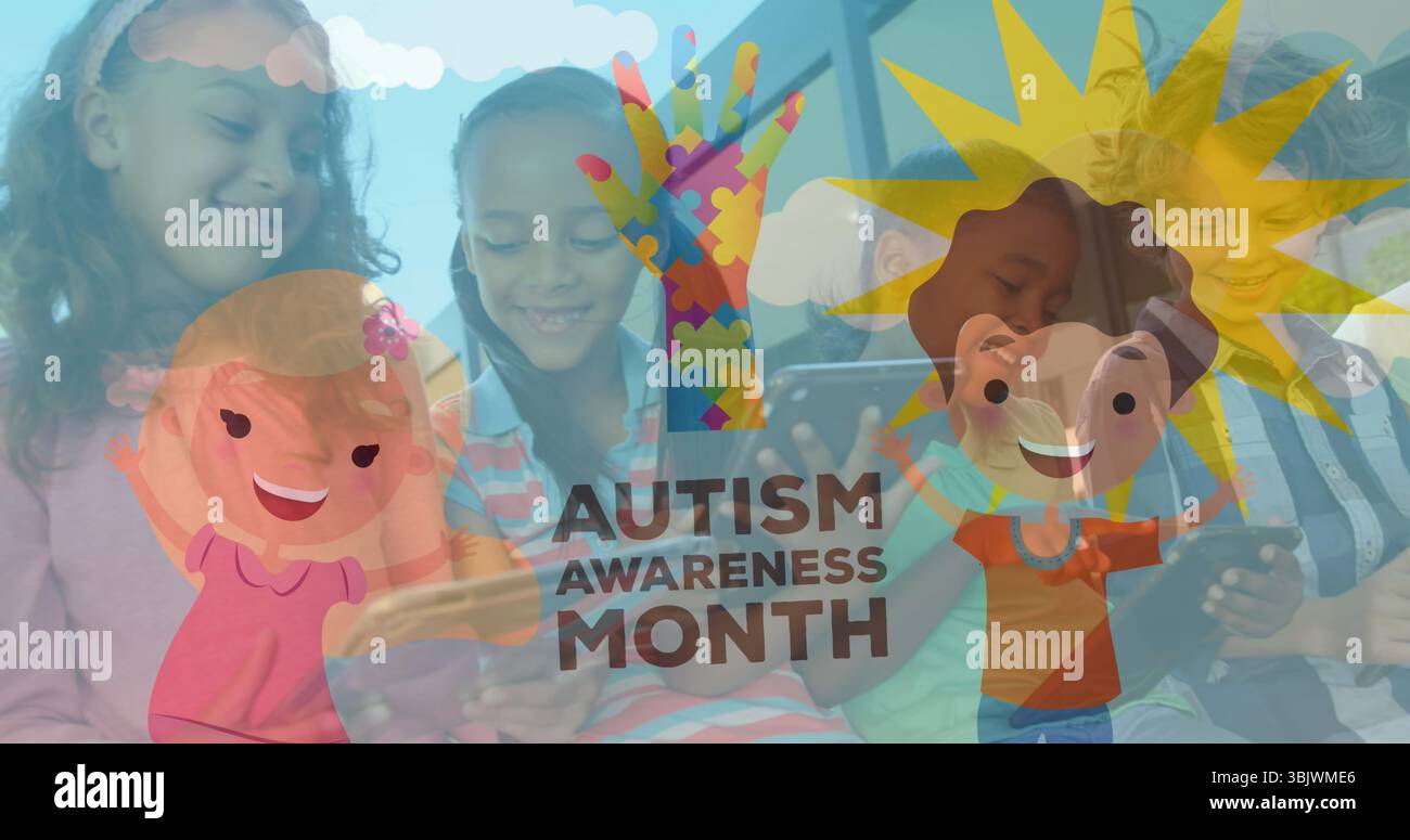 Smiling school kids using tablets in classroom with puzzle hand and ...