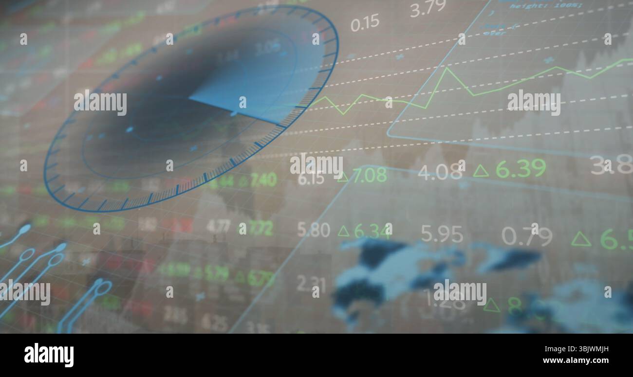 Displaying financial dashboard overlaying facade, with gauge dial and line graphs and delta ...