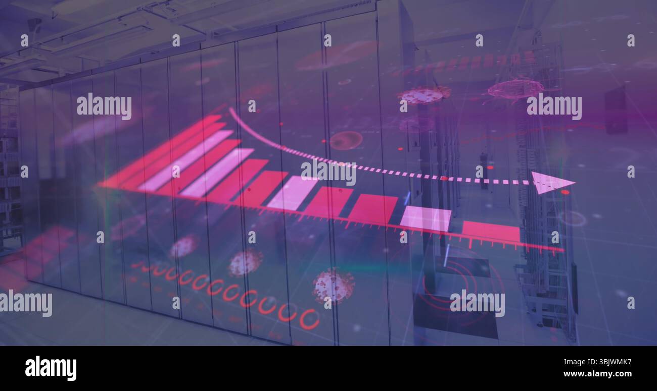 Translucent bar chart showing falling bars and rising arrow in server ...