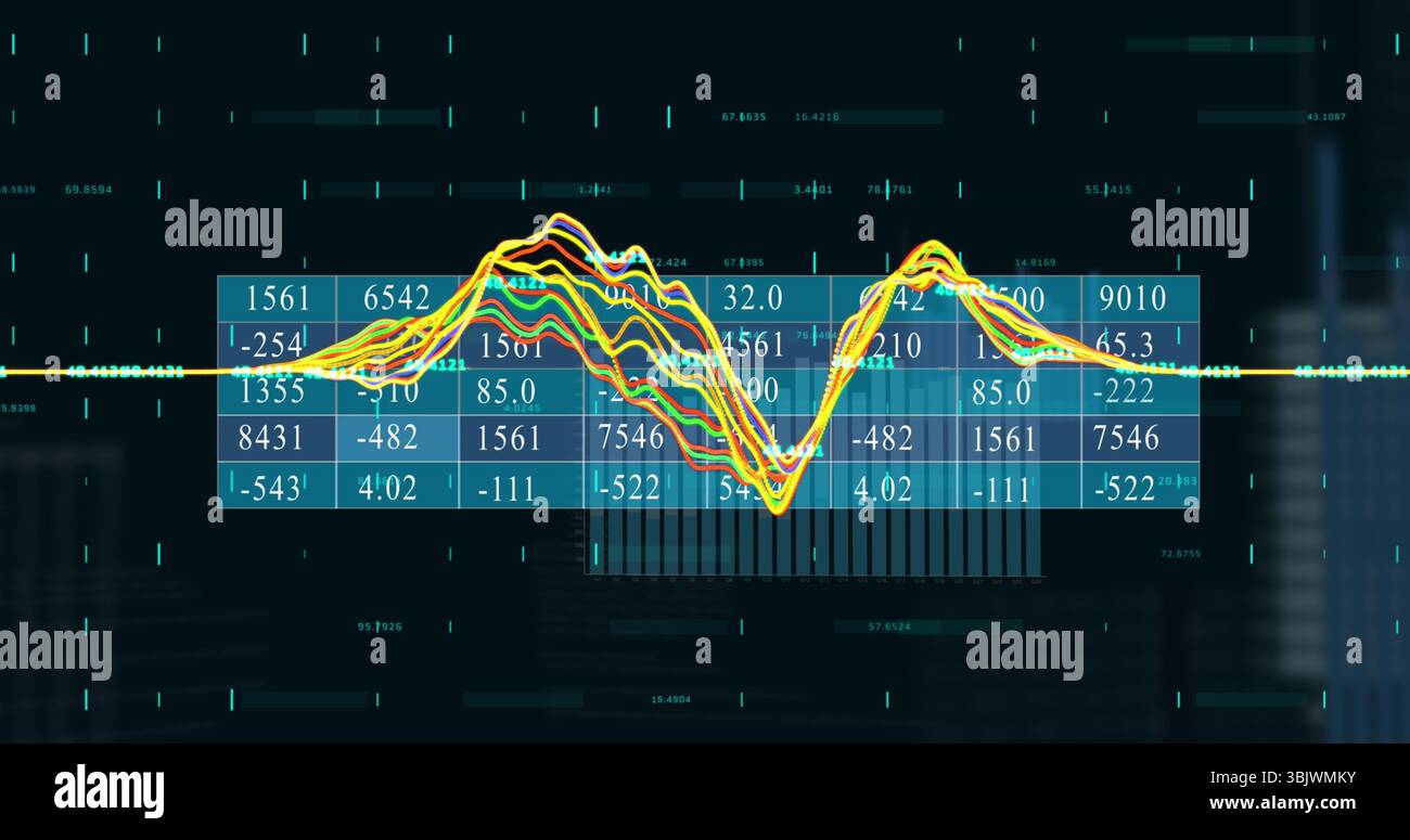 Displaying numeric table, colorful waveforms, faint bar chart columns and data strings on screen ...