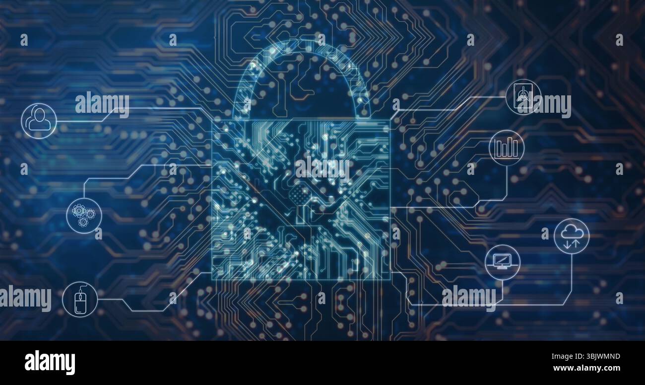 Displaying padlock icon with circuit pattern over circuit board, featuring security and cloud ...