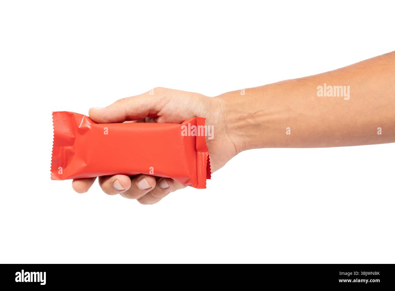 Male hand holding red snack mockup isolated on white background cutout ...