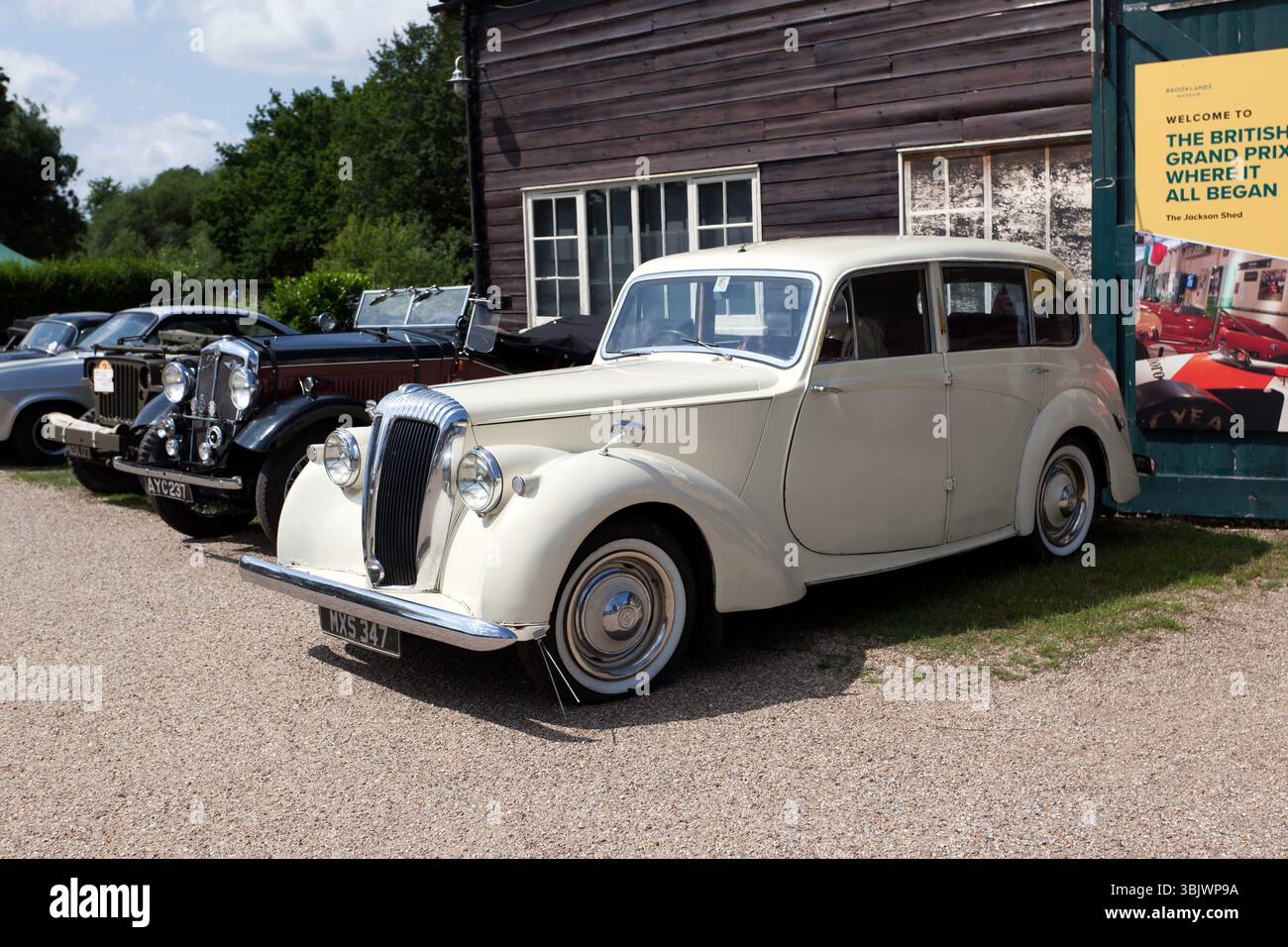 Three-quarters front view of a White, 1951, Daimler Consort on display at the Brooklands Relived ...