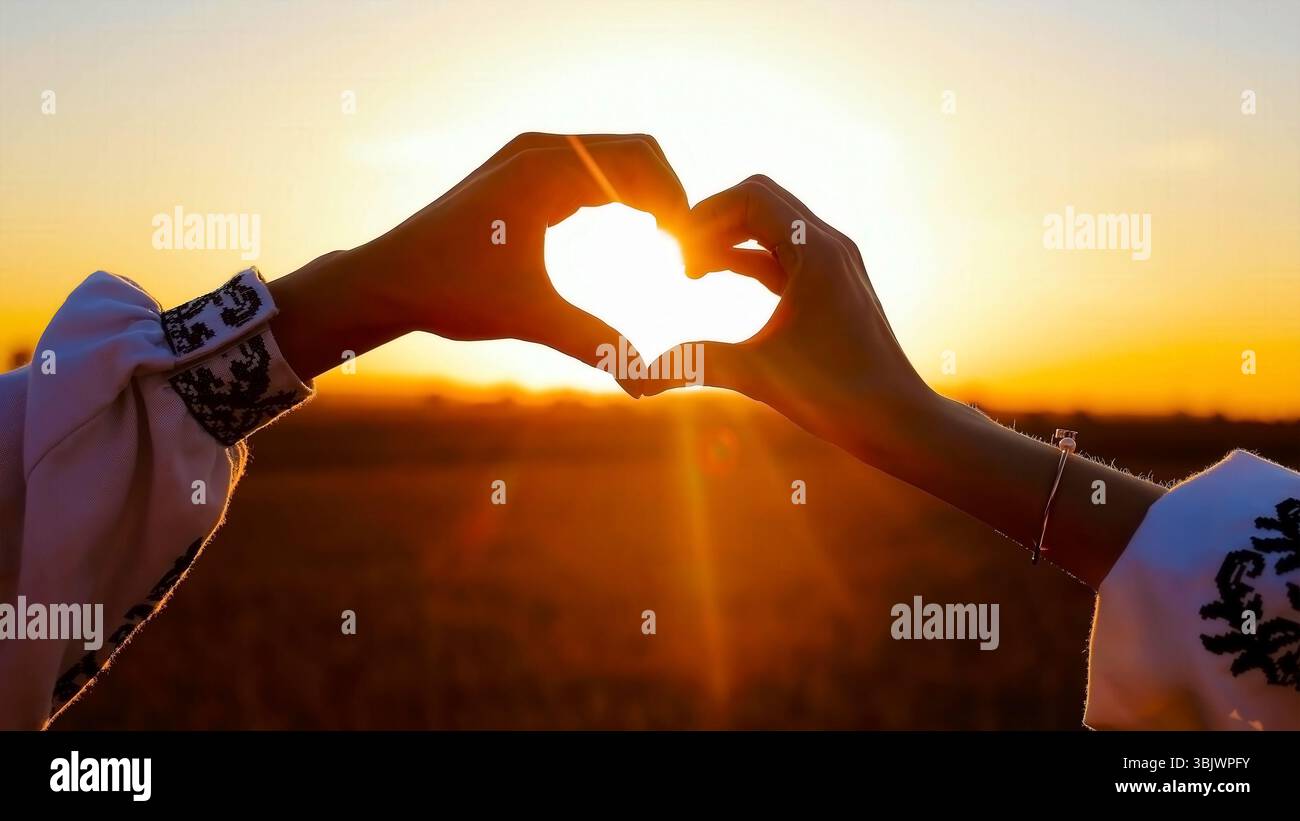 Hands forming heart shape in sunset. Two hands come together to form a ...