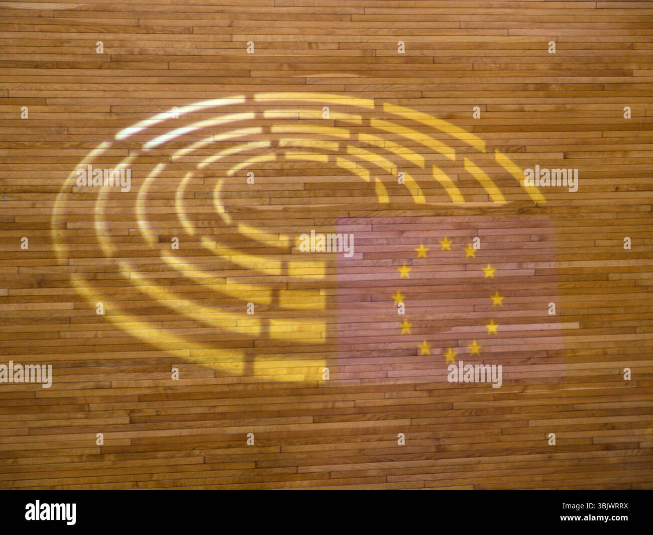 Illuminated European Union Parliament Logo Projected on the Wooden Wall ...