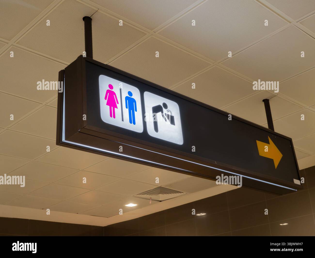 Restroom or toilet direction sign with gentleman, lady and disability ...
