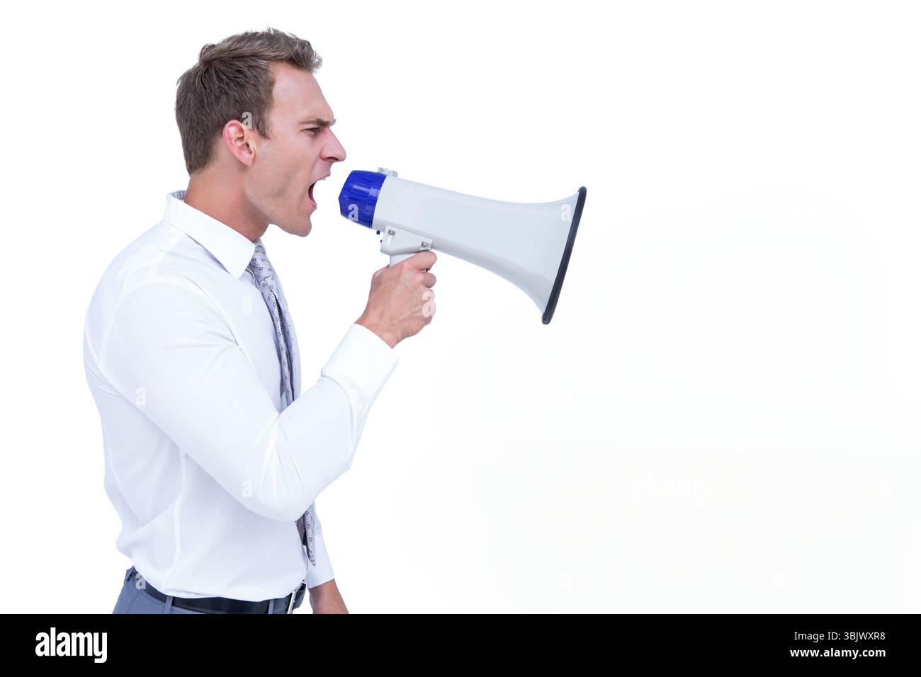 Twentysomething man wearing suit raising white and blue megaphone to ...