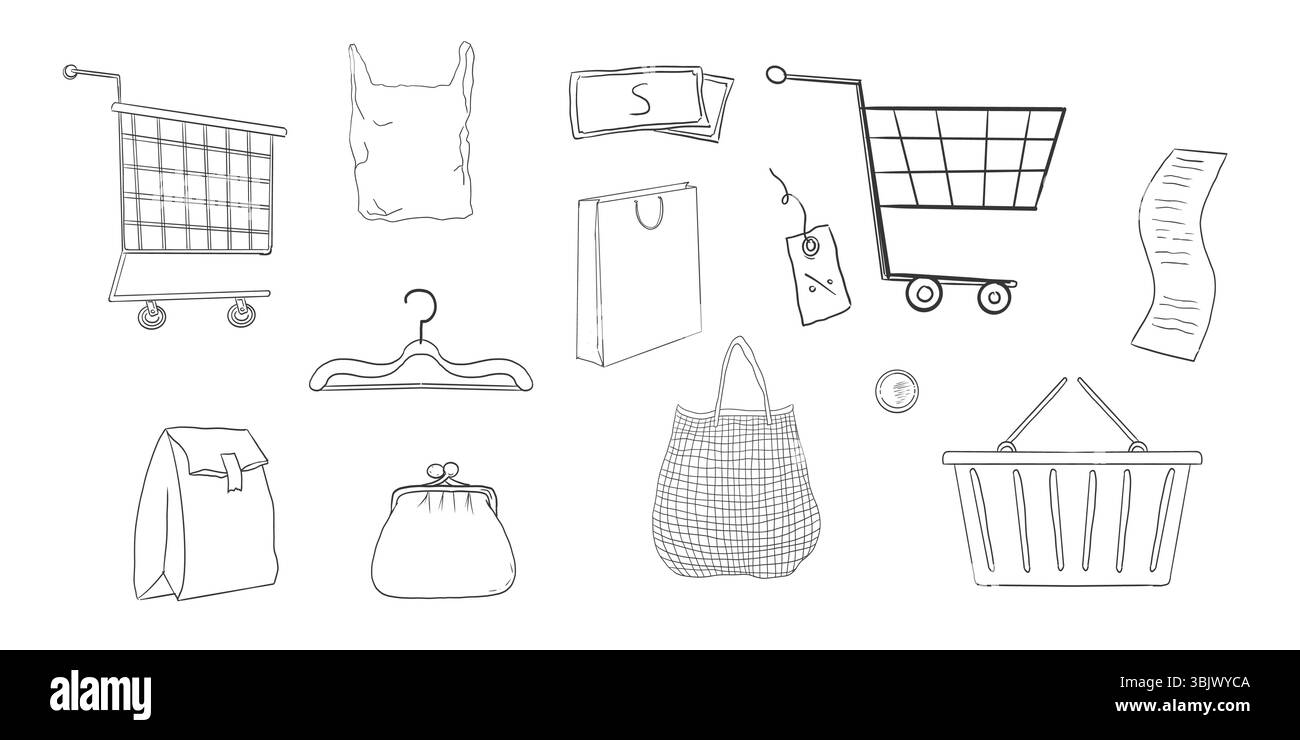 Shopping cart empty trolley doodle, supermarket basket, bag, net ...