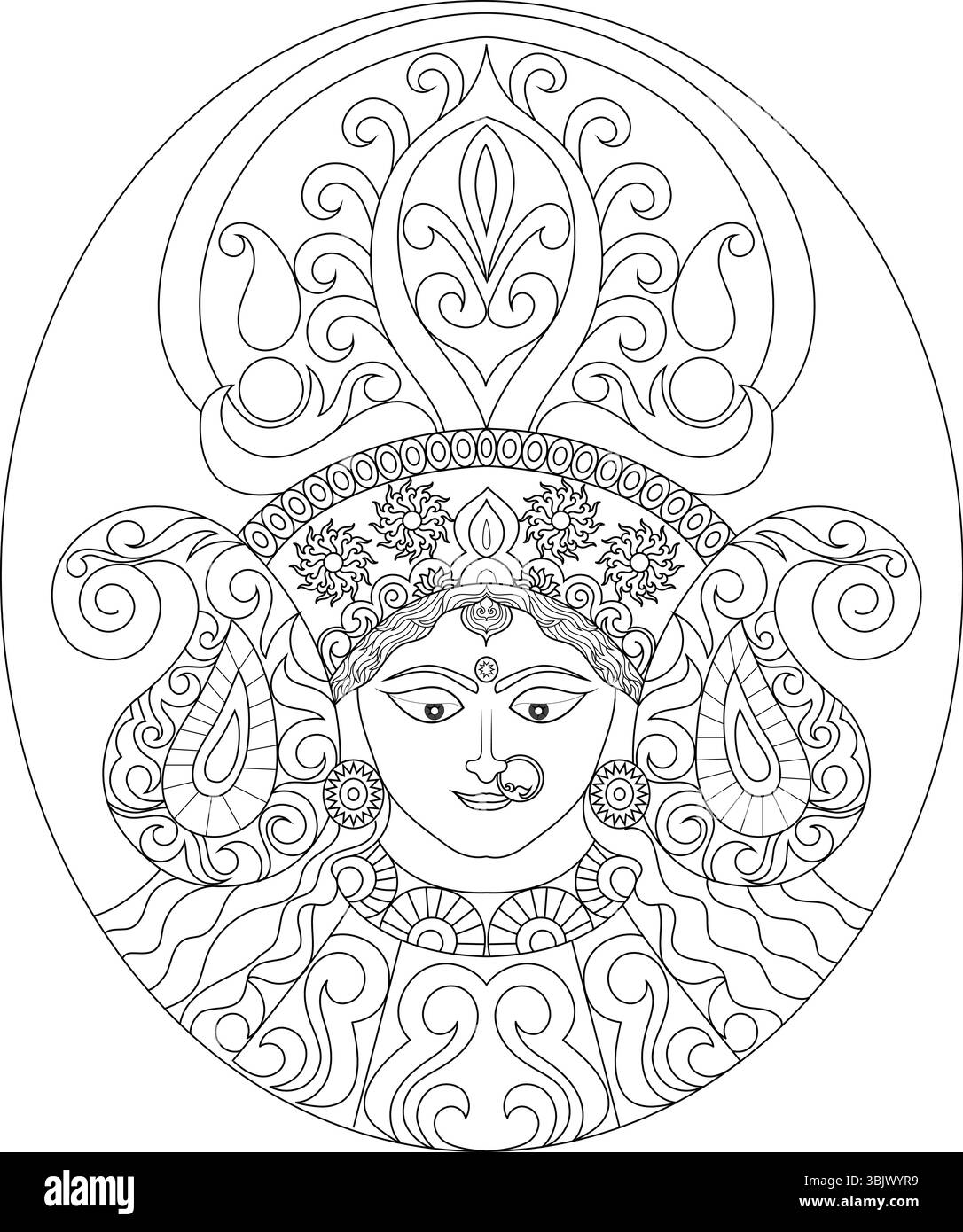 Black and white line art illustration of the face of Goddess Durga ...