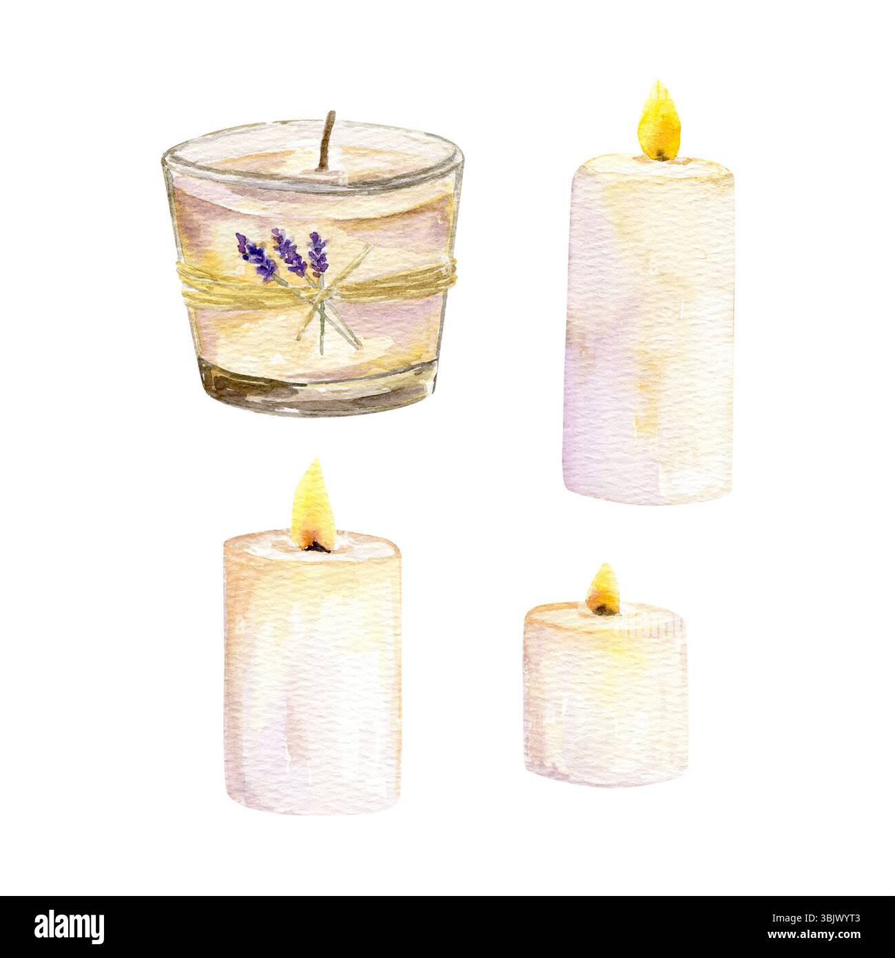 Watercolor hand drawn illustration set with different candles and one ...