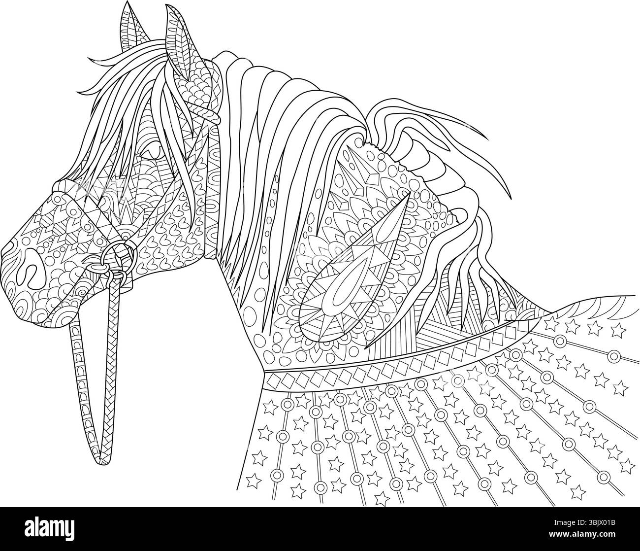 Detailed line art illustration of a horse head with an intricate ...