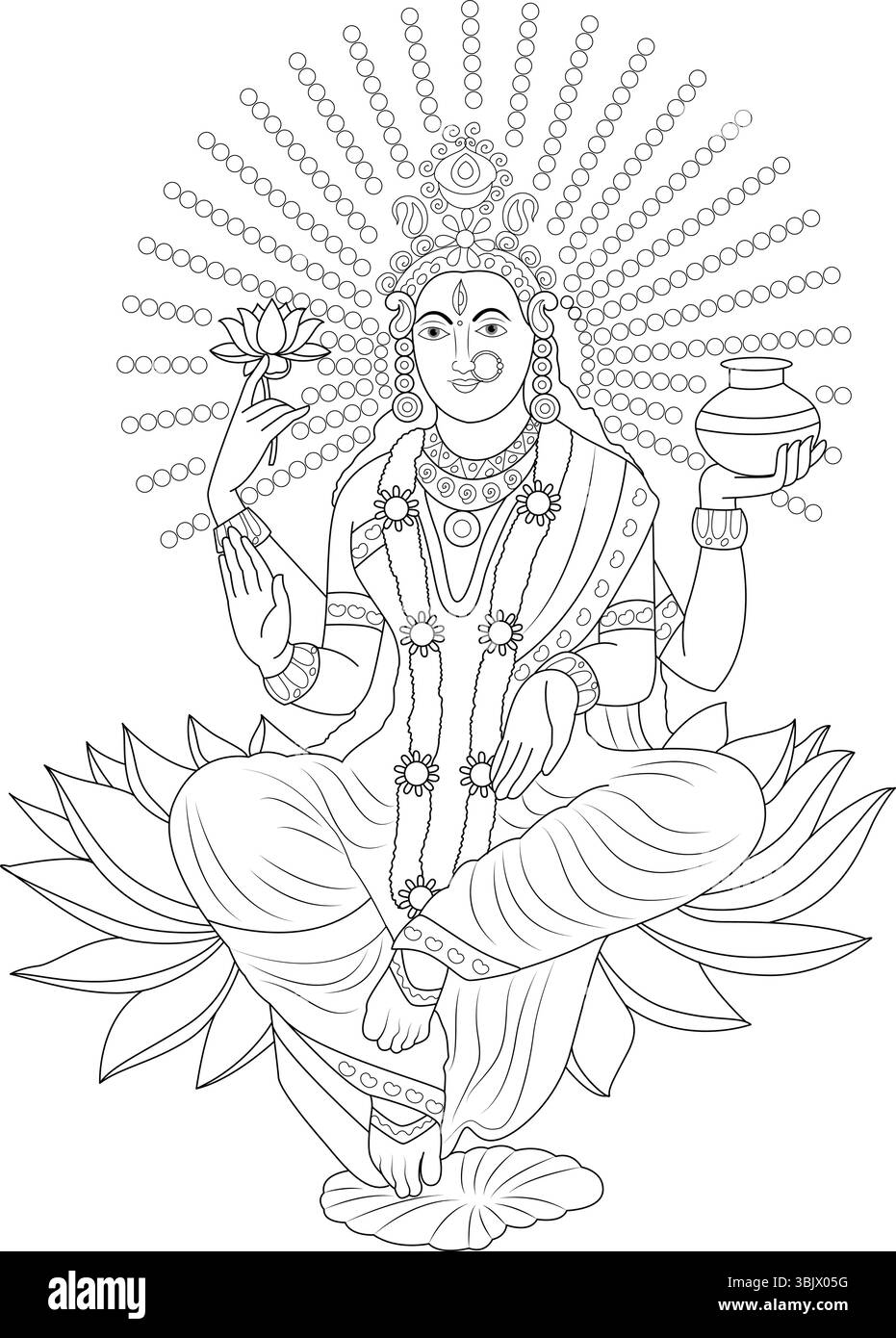 Black and white line drawing of Goddess Ganga, the Hindu deity ...