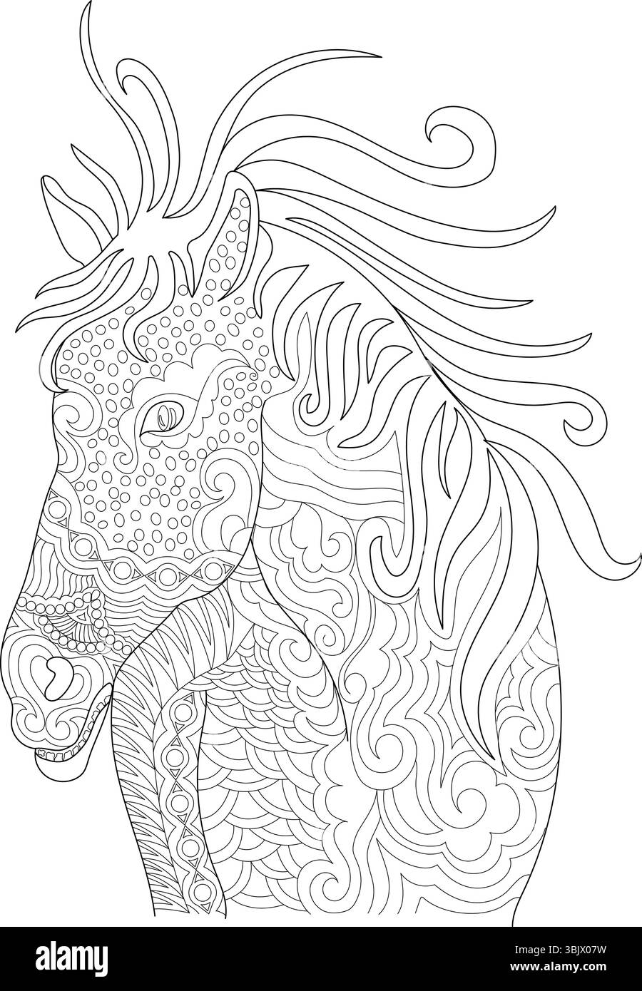 Black and white line art illustration of a horse head filled with ...