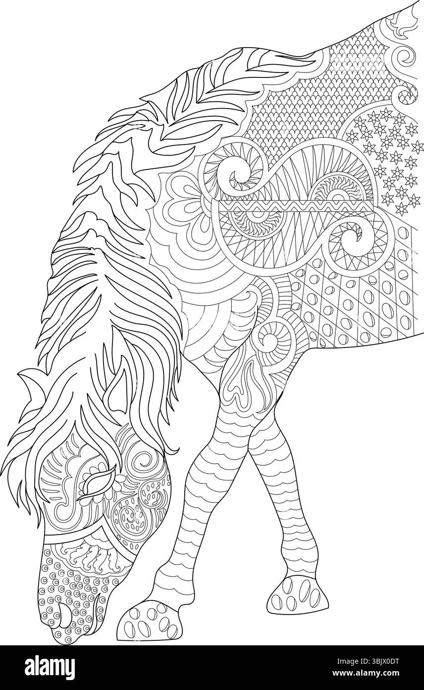 Intricate black and white line art illustration of a horse filled with ...