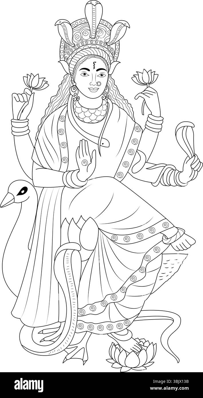 Black and white line art illustration of Maa Manasa, the Hindu goddess ...