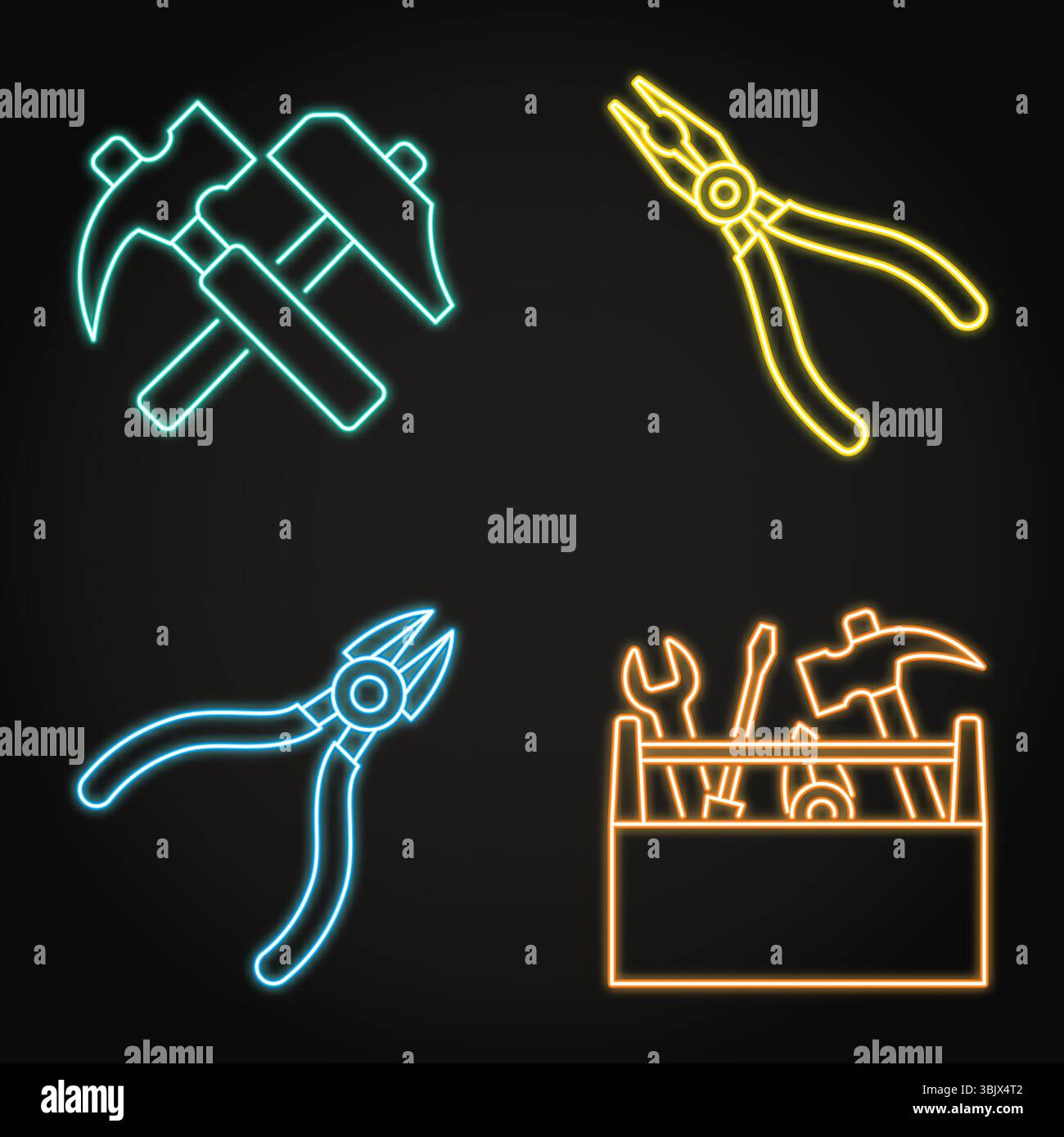 Repair tools neon icon set. Hammer, pliers, cutters and toolbox. Vector ...