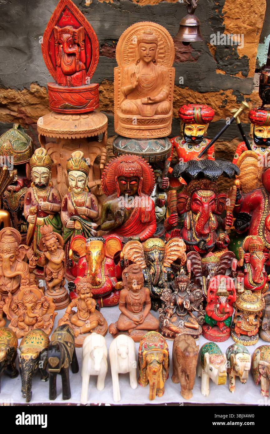 Display of colorful statues at a souvenir shop in Jaisalmer fort, India ...