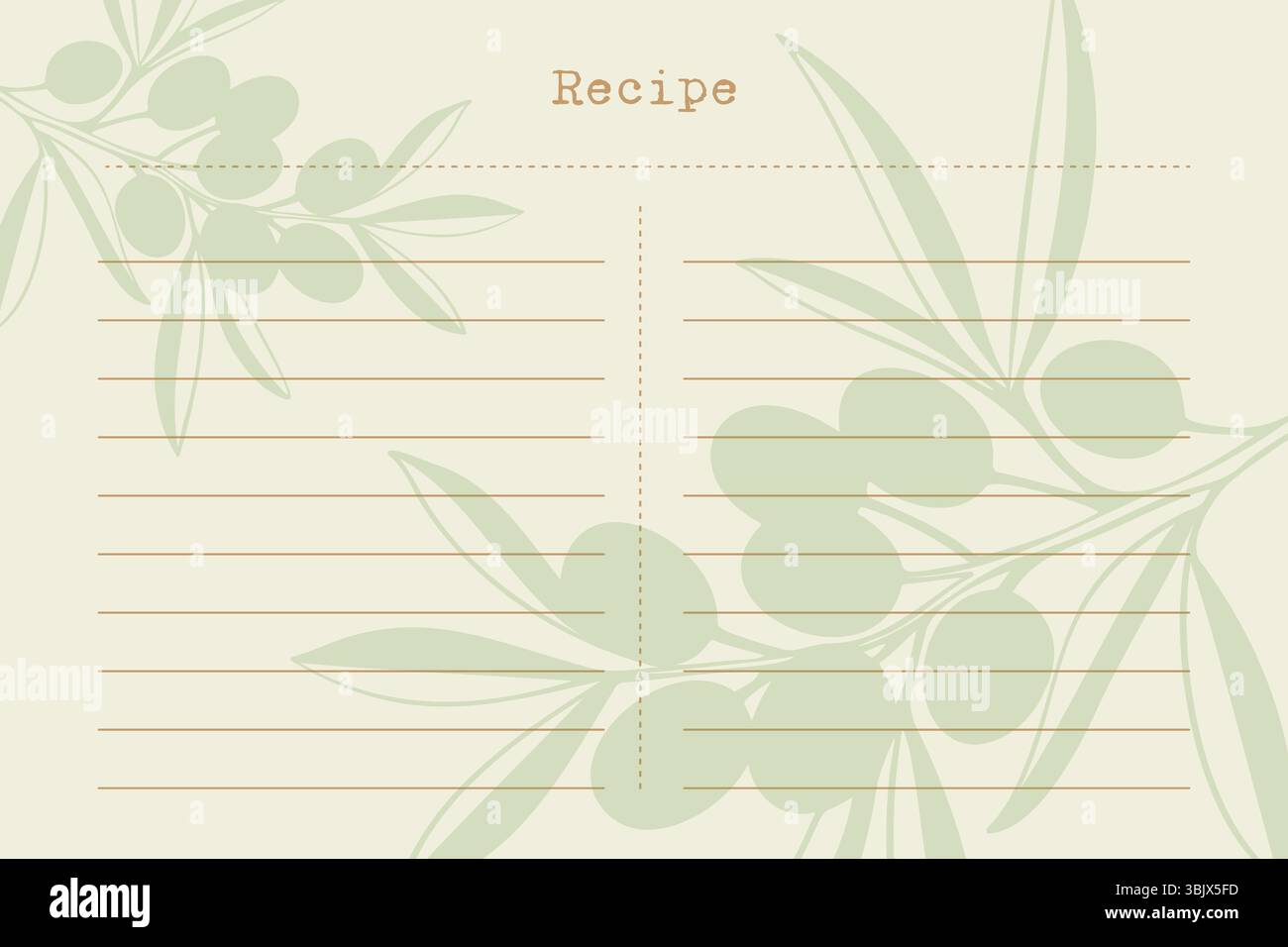 Horizontal blank recipe card template with olive branch silhouette ...