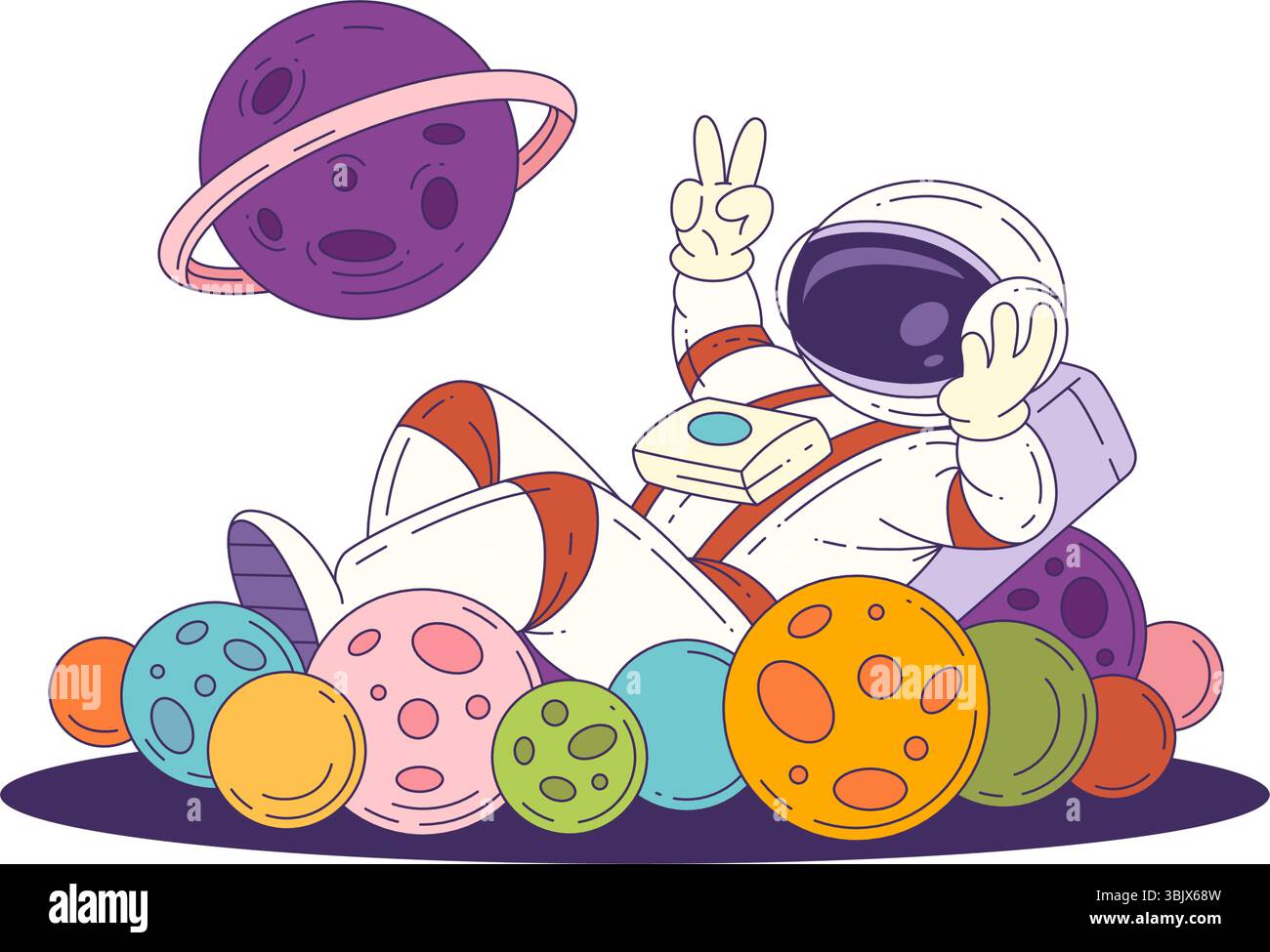Mascot astronaut in a colorful suit surrounded by planets and a ringed ...