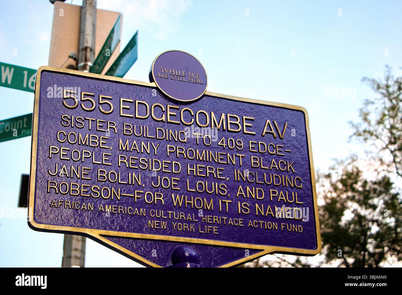 Historical metal marker sign on 555 Edgecombe Avenue in New York City ...