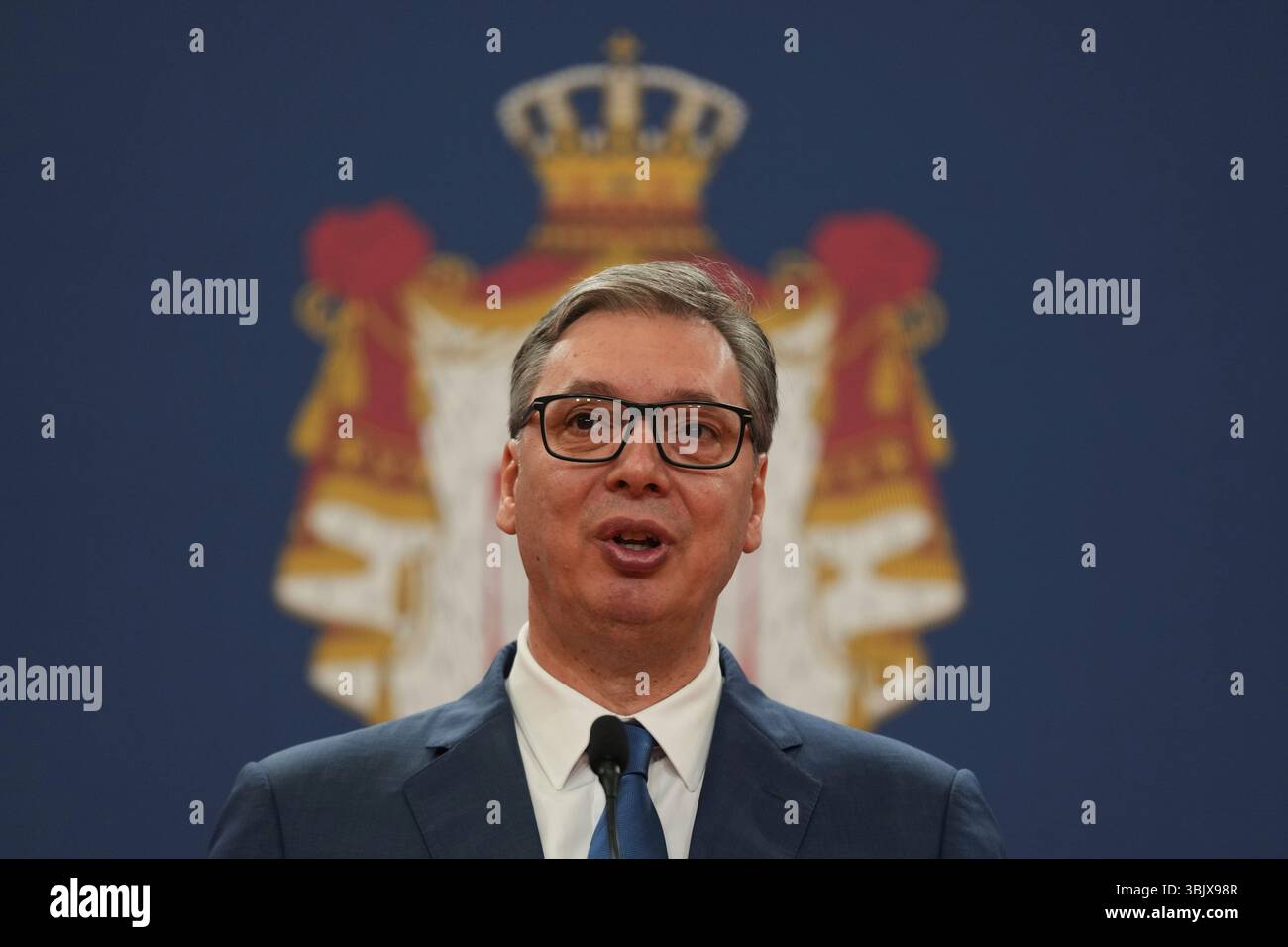 Serbian President Aleksandar Vucic attends a news conference with ...