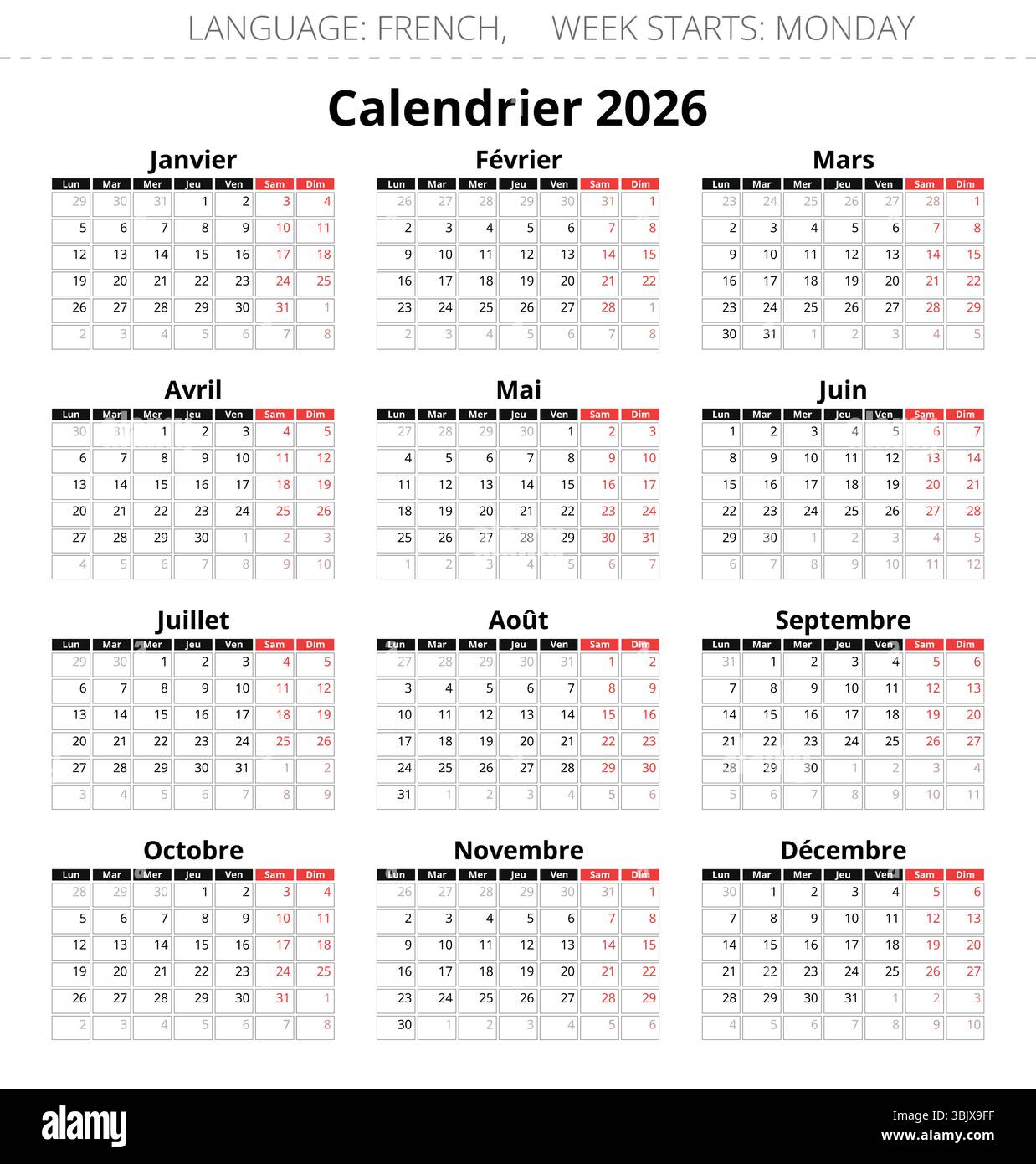2026 french calendar. Vector illustration for France. Francais ...